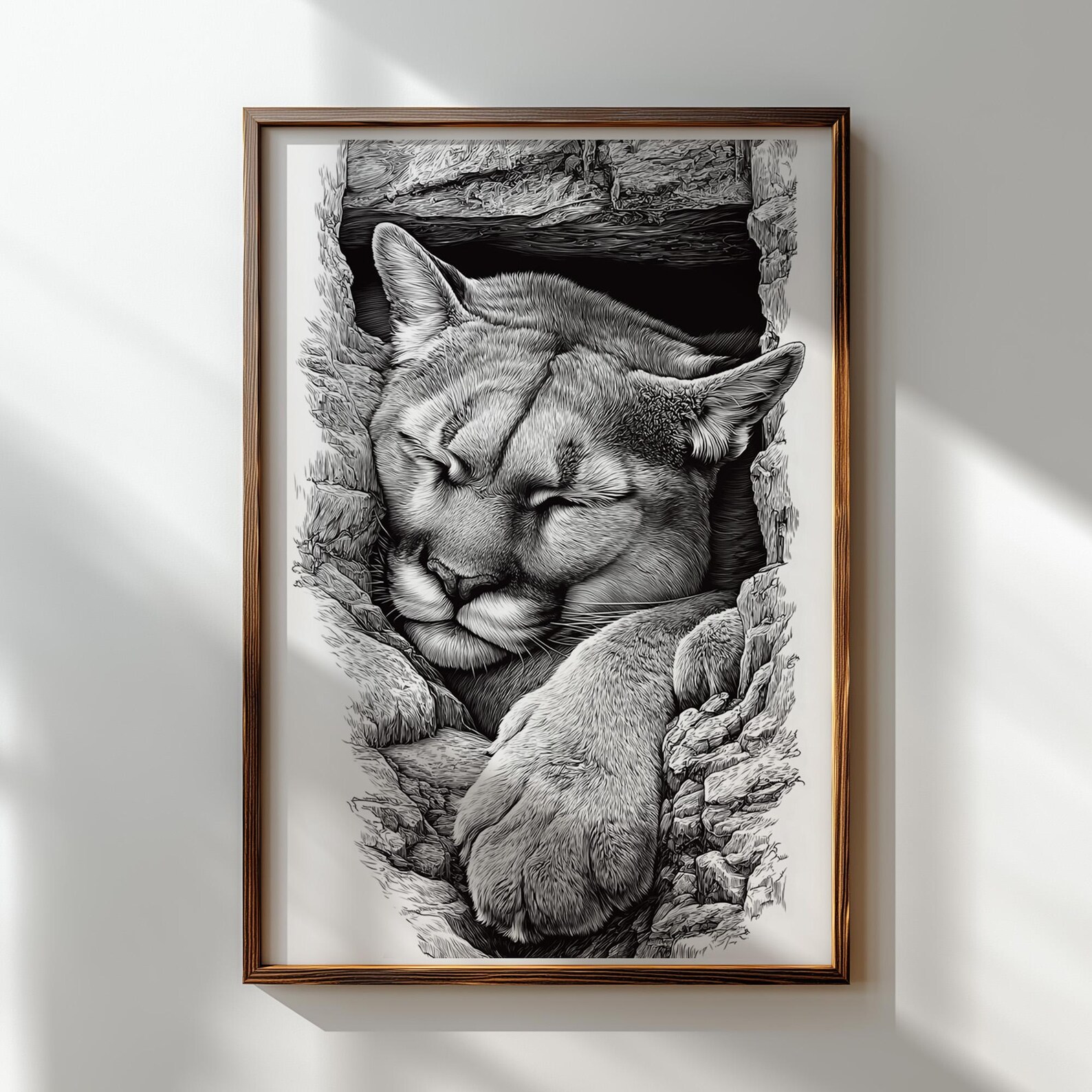 Sleeping Cougar Wood Engraving PNG | Mountain Lion Wildlife Art ...