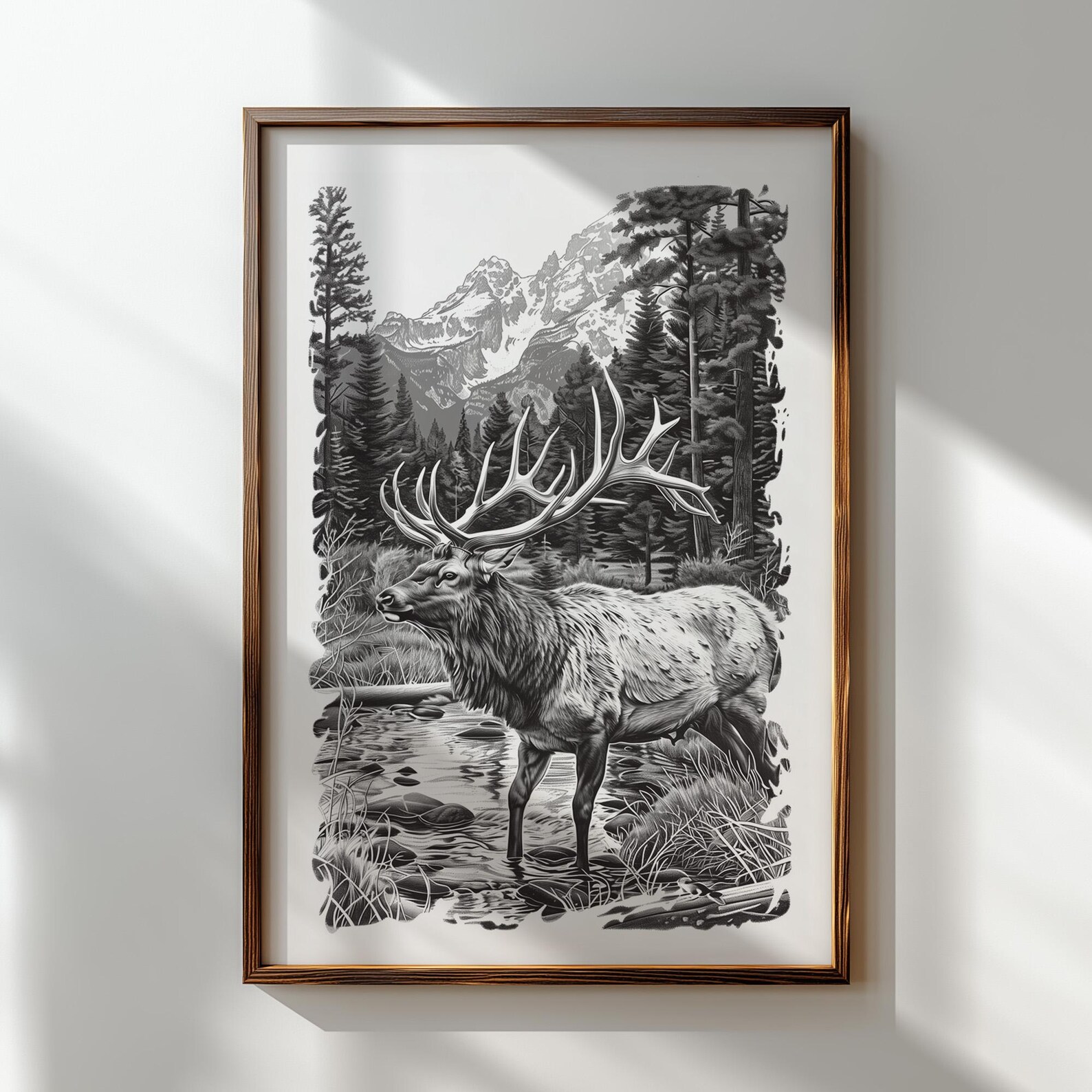 Elk Engraving PNG | Majestic Stag With Antlers in Mountain Forest ...