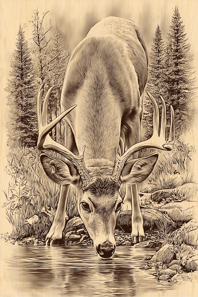 Deer Engraving PNG | White-tailed Stag Drinking at Forest Stream ...