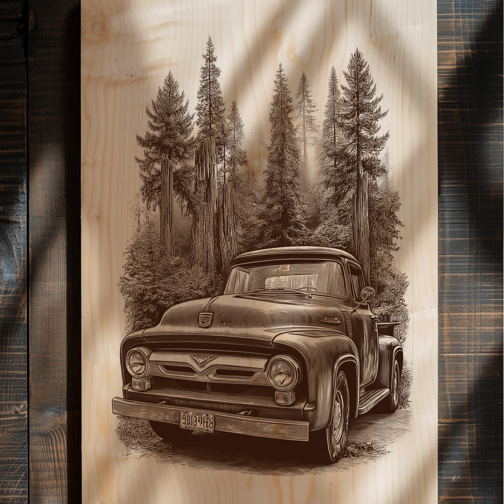 Vintage Truck in Forest PNG | Rustic Wood Engraving Design | Classic ...