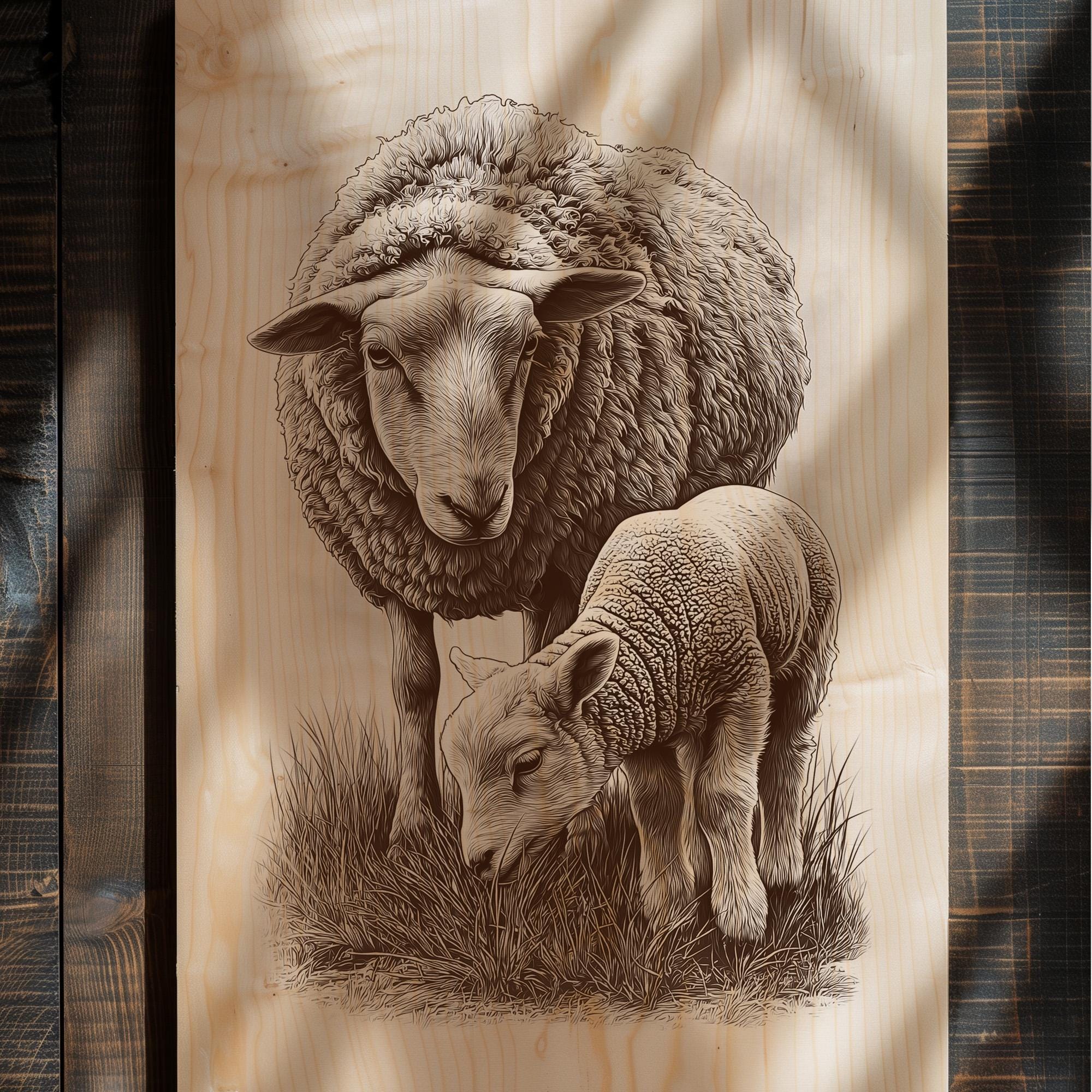 Sheep & Lamb PNG | Rustic Farm Animal Engraving Design | Pastoral CNC ...