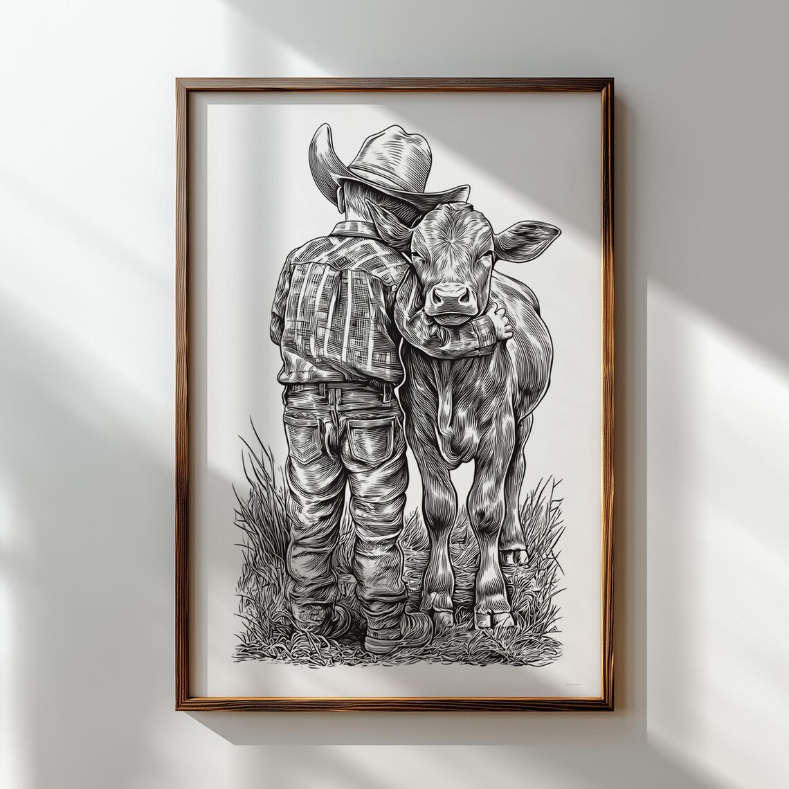 Farm Boy Hugging Calf Wall Art | Western Cowboy Engraving PNG | Country ...