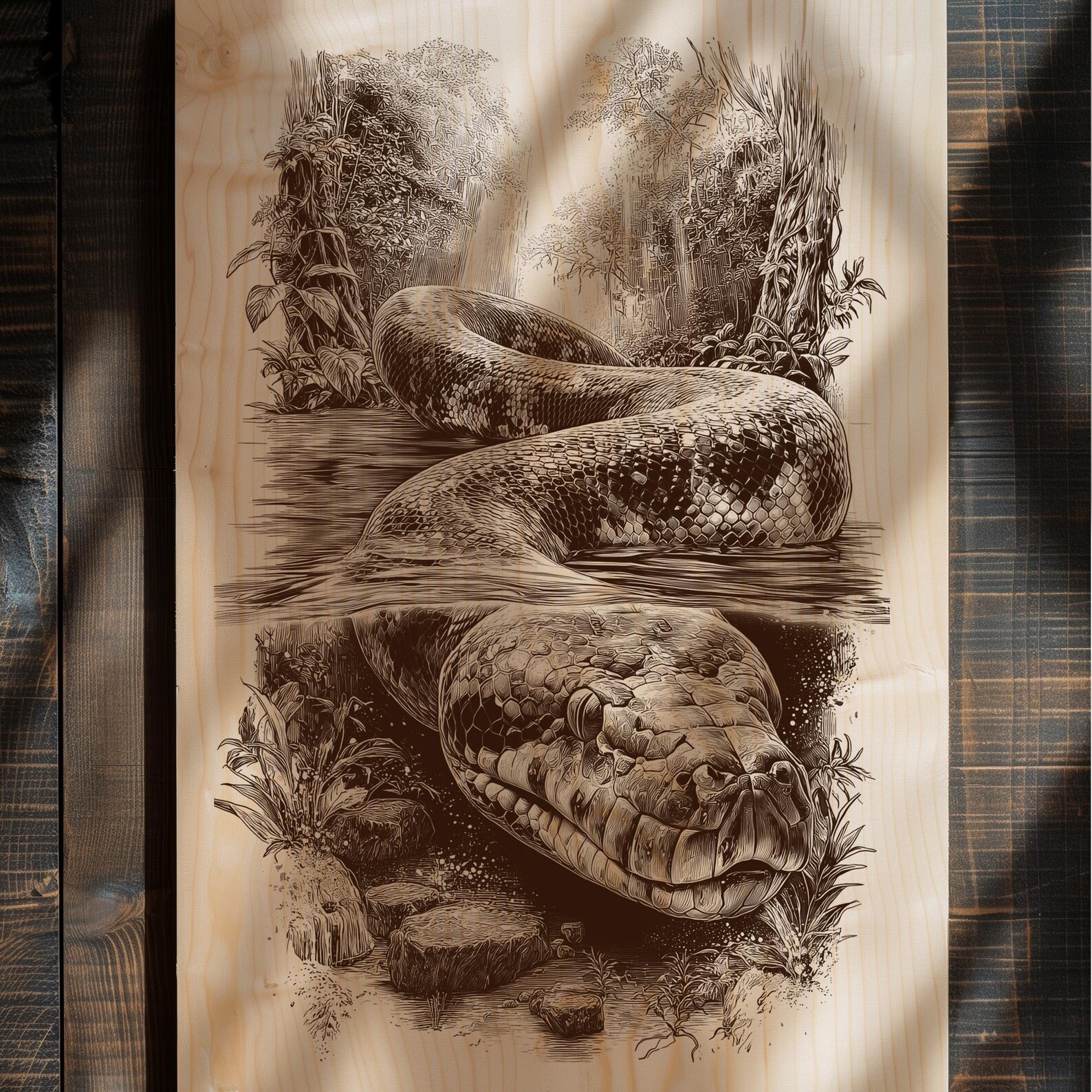 Anaconda Engraving PNG | Jungle Serpent Wildlife Art | Snake Woodcut ...