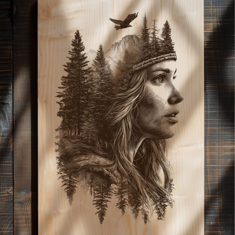 Double Exposure Tribal Woman PNG | Forest Spirit Engraving Art ...