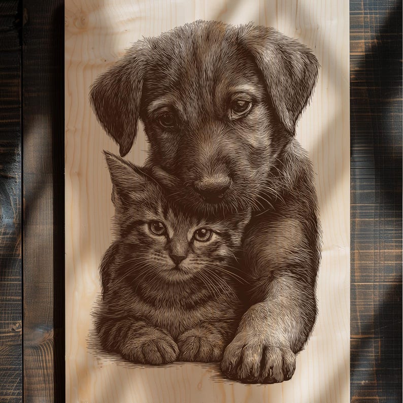 Puppy and Kitten Wood Engraving PNG | Cute Pet Laser Engraving File ...