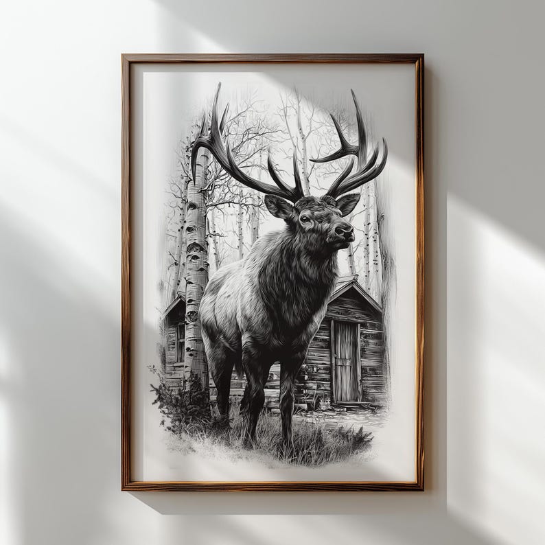 Elk Engraving PNG | Rustic Cabin With Forest Elk Artwork | Wilderness ...