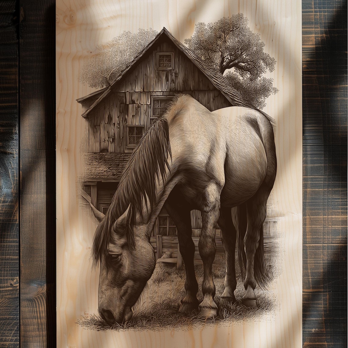 Farm Horse Barn Scene PNG | Rustic Laser Engraving File for Glowforge ...