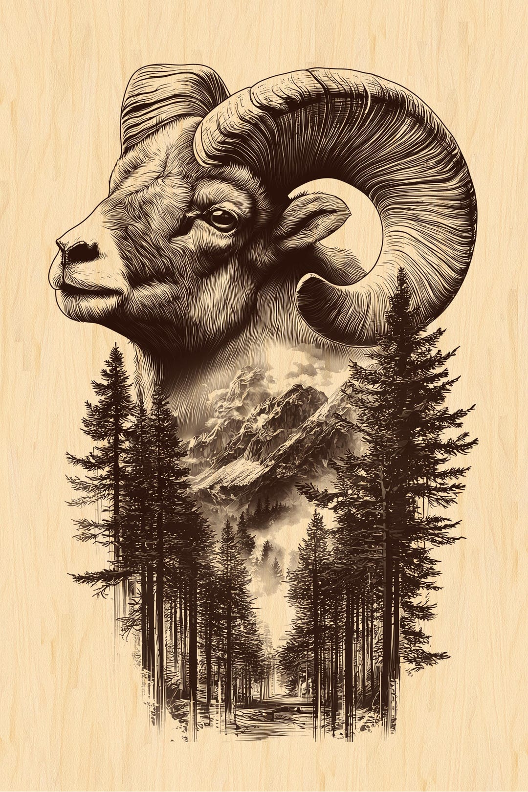 Bighorn Sheep Double Exposure PNG | Mountain Wilderness Engraving File ...