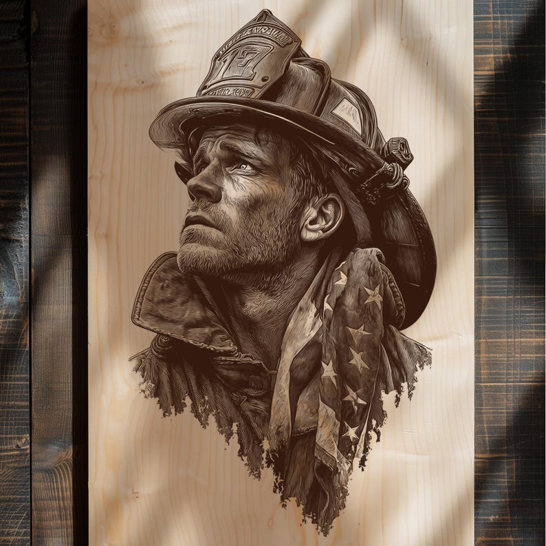 Firefighter Tribute Engraving PNG | Heroic Fireman Portrait Art | First ...