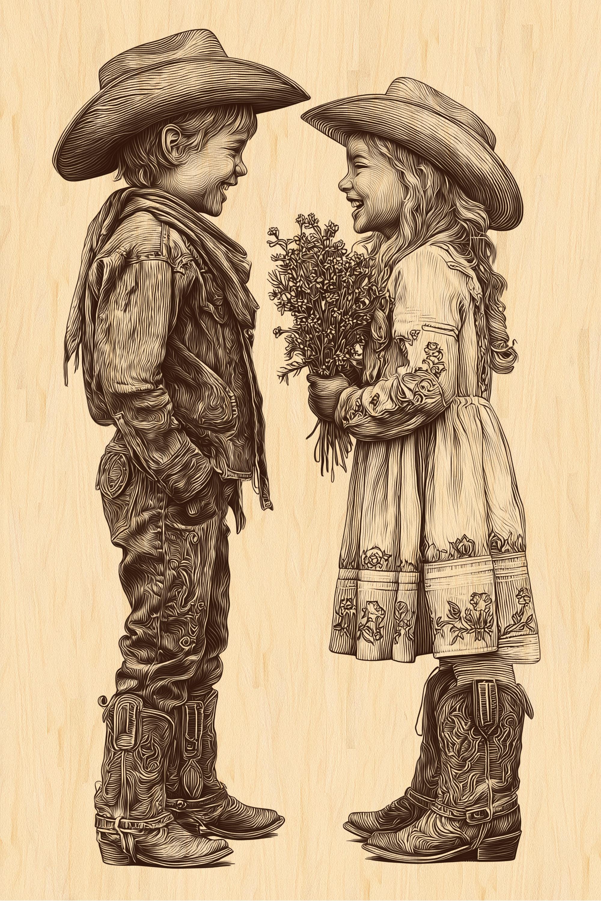 Cowboy Kids Wood Engraving PNG | Western Boy & Girl Art | Rustic ...
