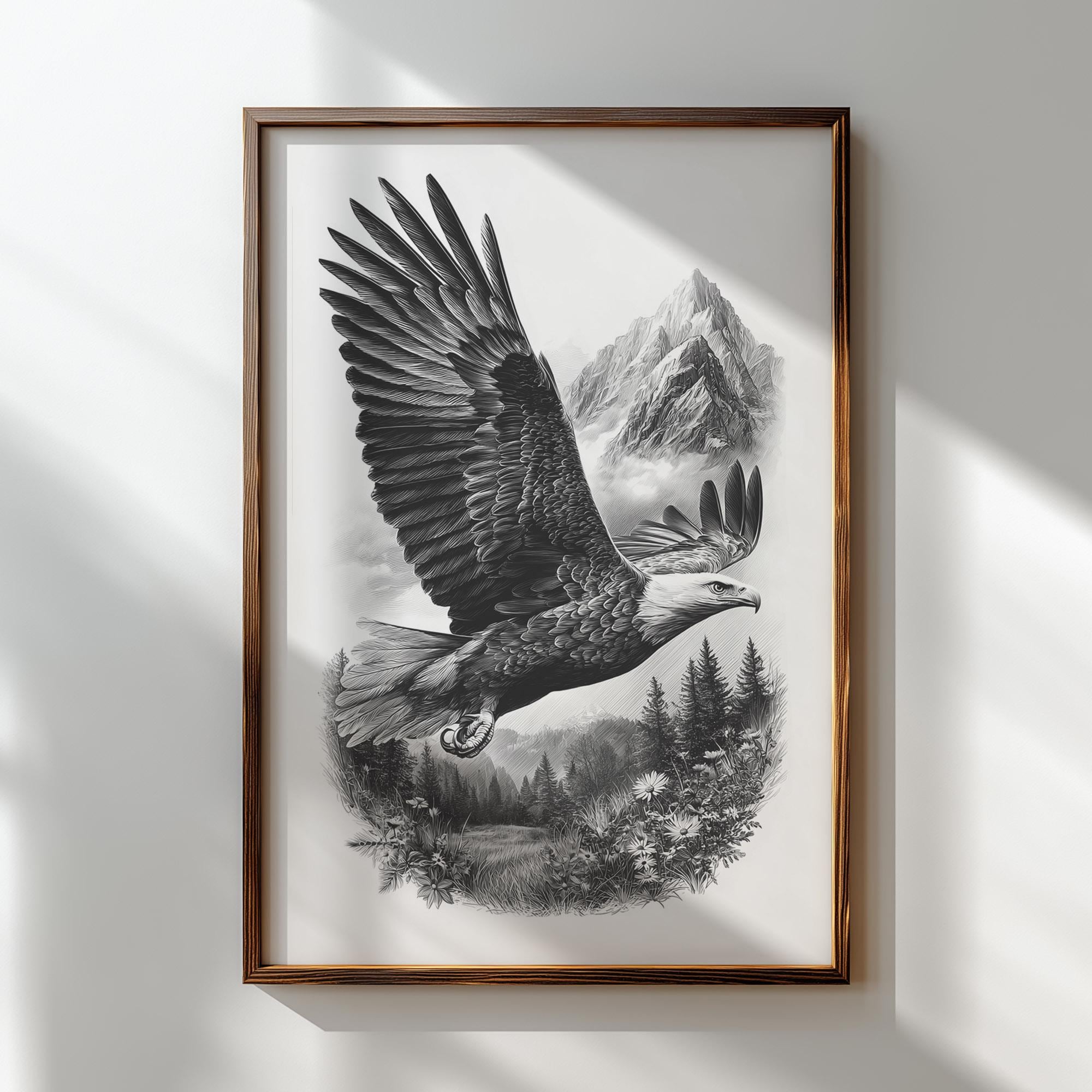 Bald Eagle Engraving PNG | Flying Eagle Over Mountains | Rustic ...