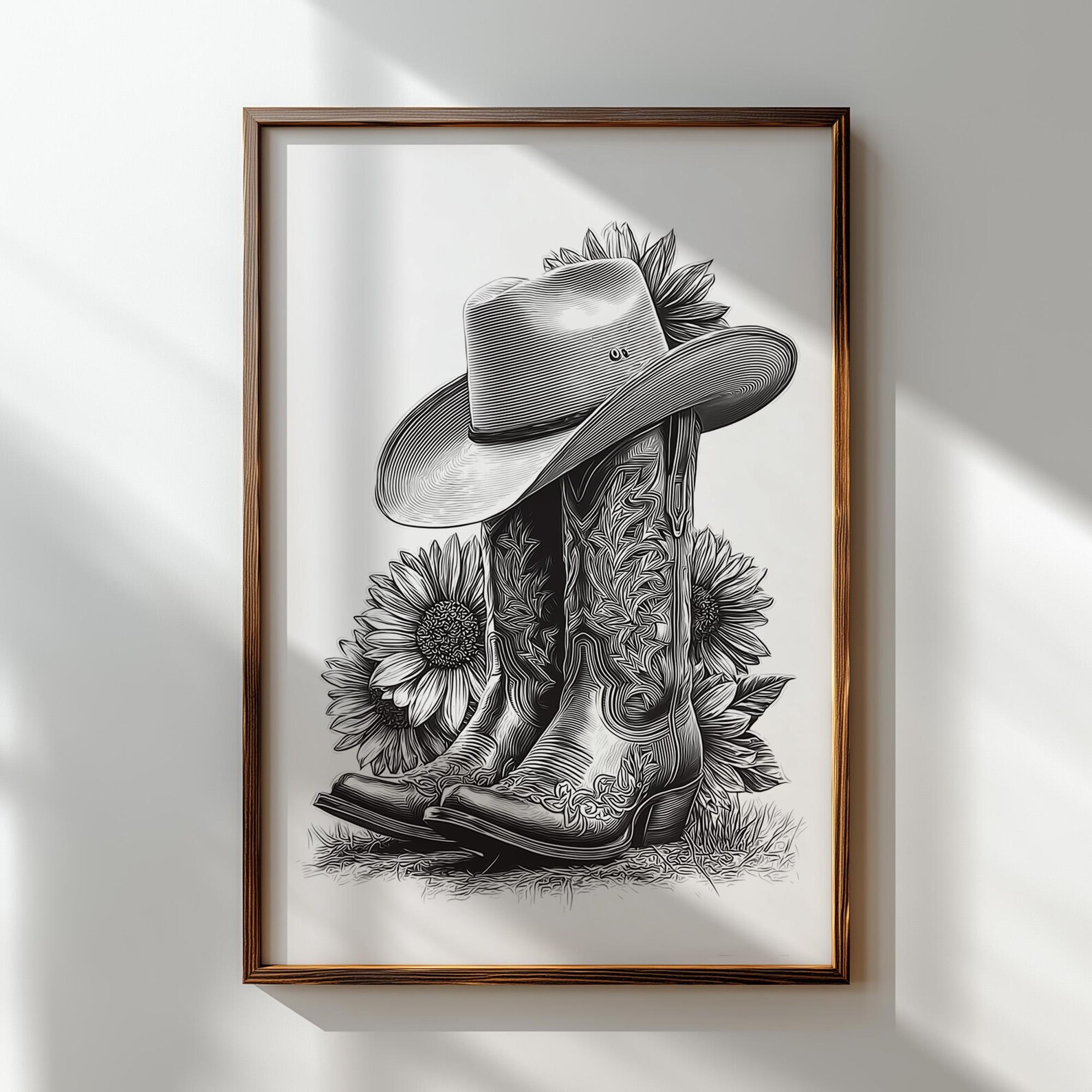 Western Cowgirl Boots Wood Engraving PNG | Floral Cowboy Boots Line Art ...