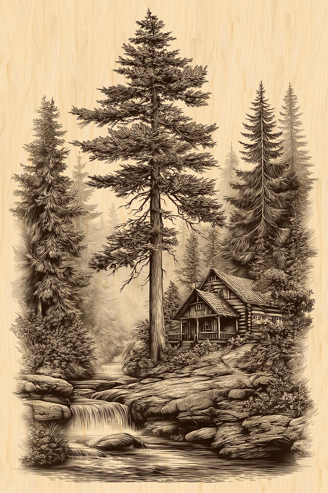 Forest Haven Cabin Engraving PNG | Riverside Landscape Laser Engraving ...