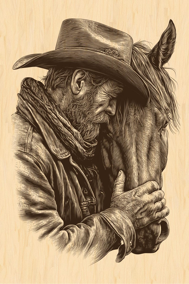 Old Man Cowboy and Horse PNG | Rustic Legacy Engraving Design | Western ...