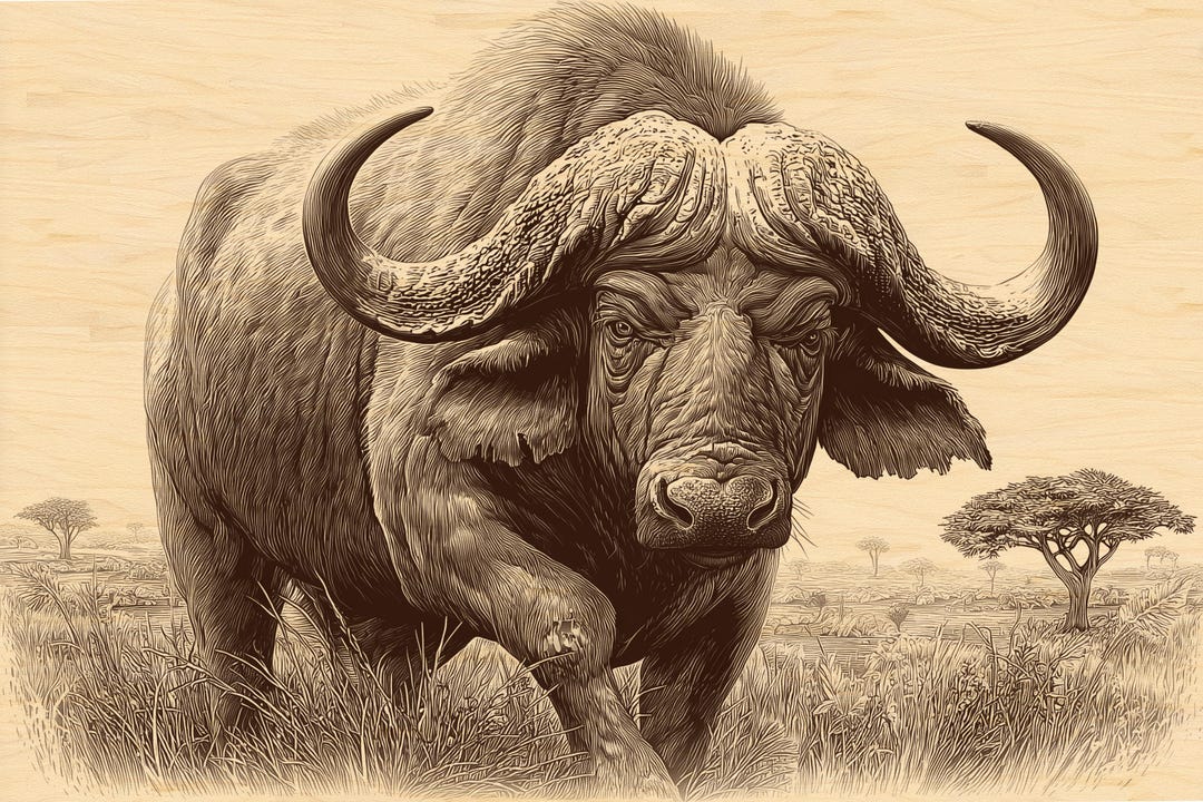 Wild African Buffalo Wood Engraving PNG | High-detail Wildlife Line Art ...