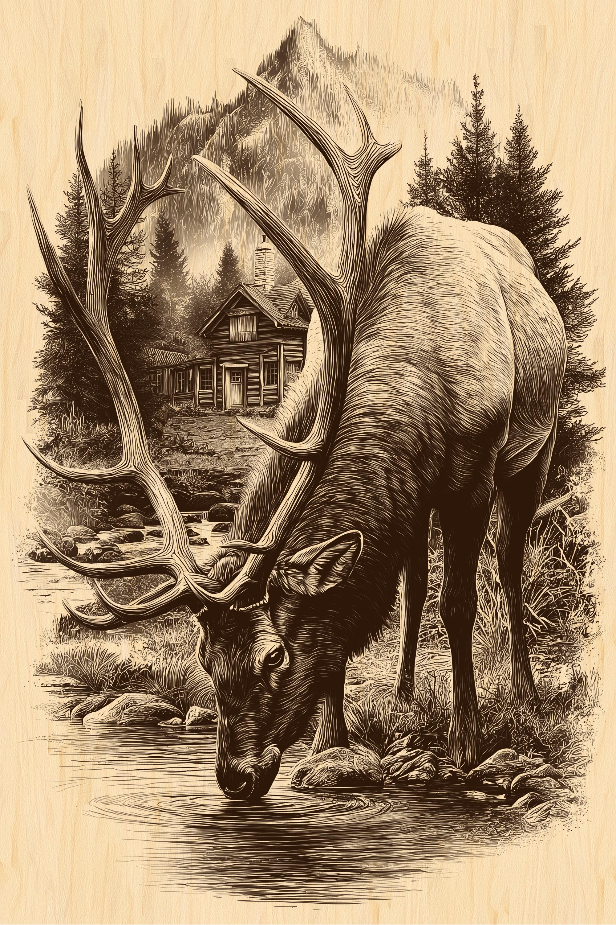 Elk Drinking by Cabin PNG | Majestic Wilderness Engraving File | Rustic ...