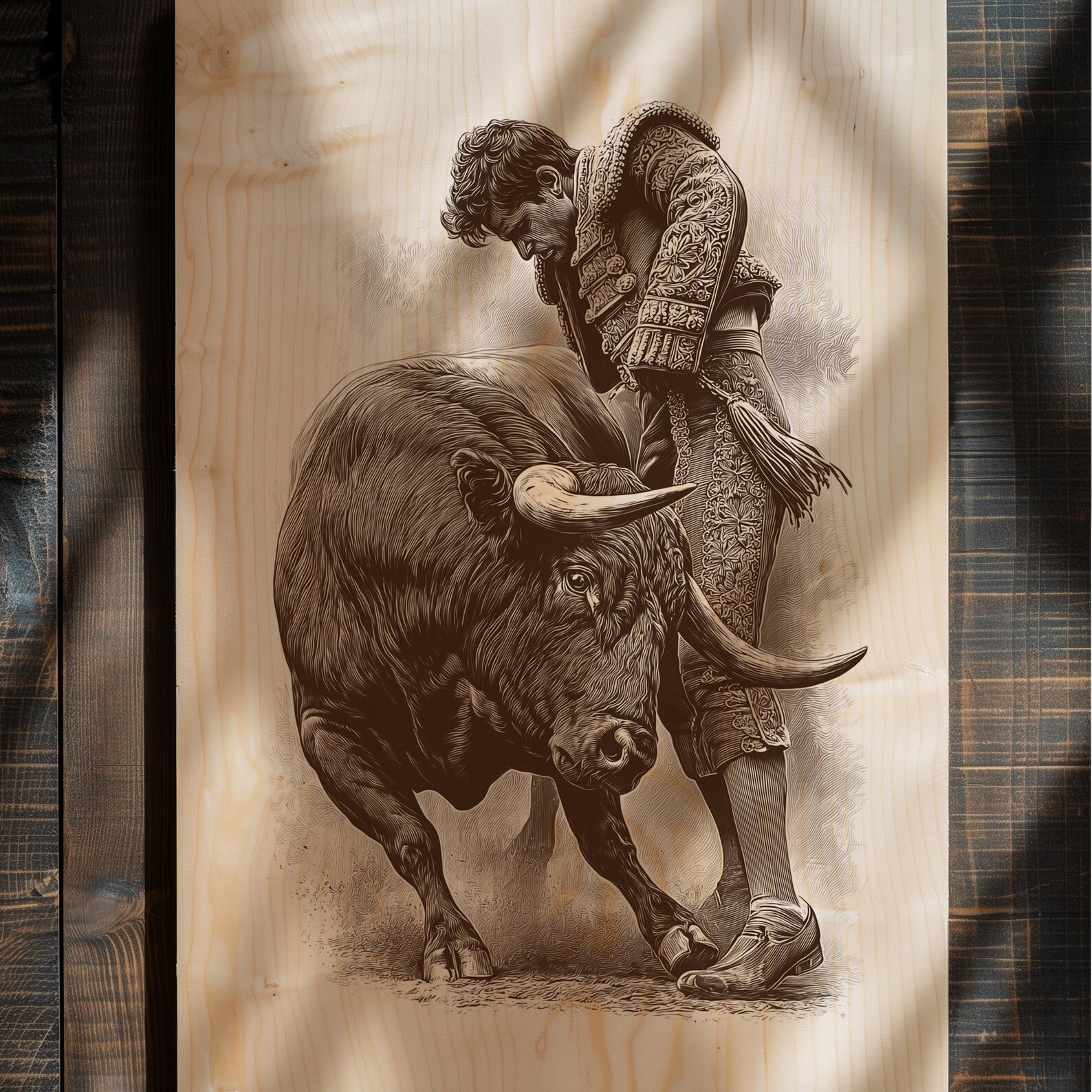 Matador With Bull PNG | Spanish Rustic Wood Engraving Design ...