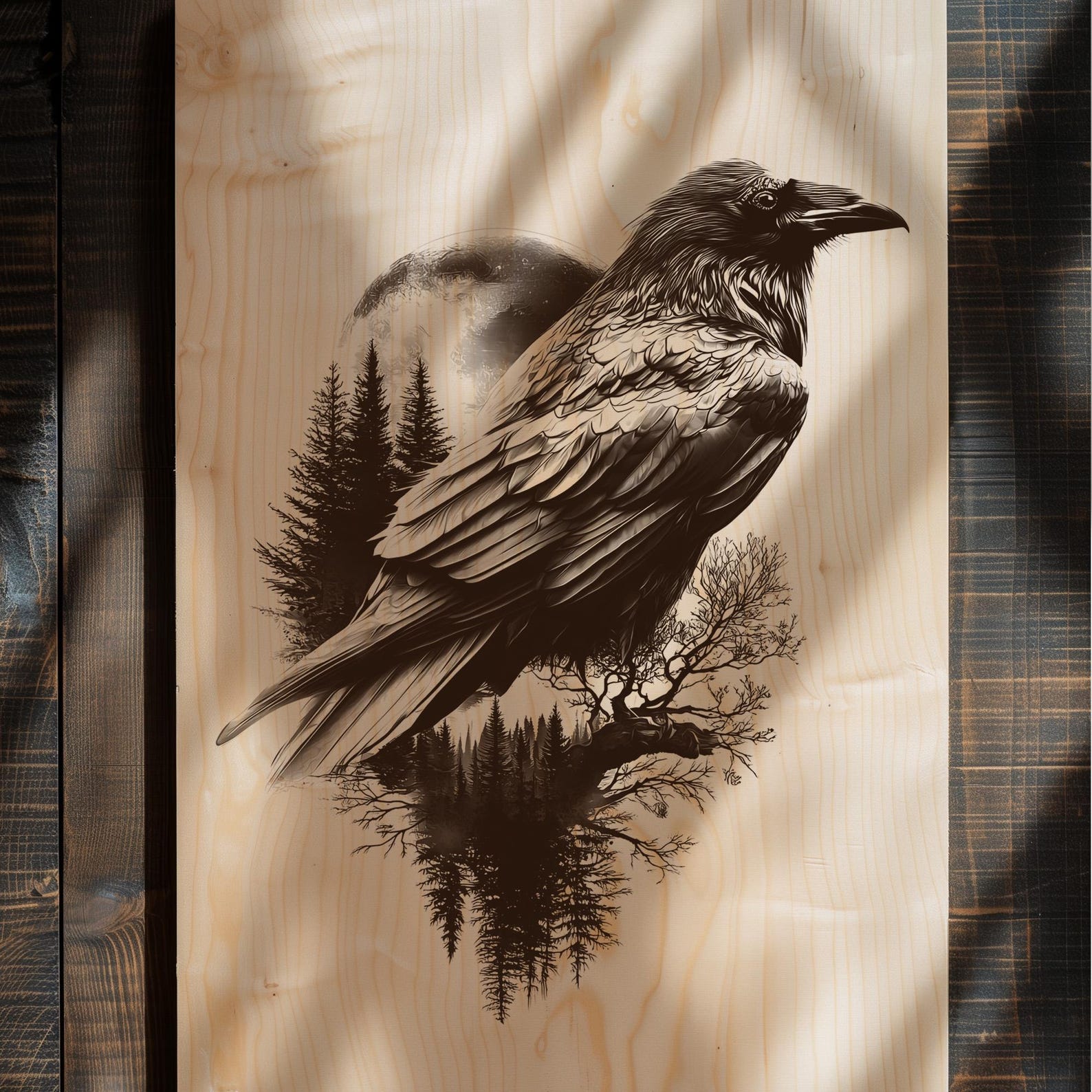Raven Engraving PNG With Forest and Moon | Double Exposure Bird Wood ...