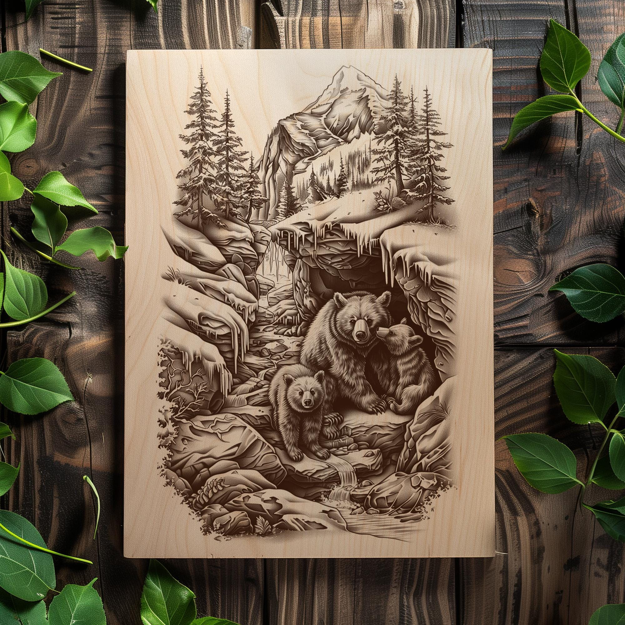 Bear Family Engraving PNG | Winter Mountain Wildlife Laser Engraving ...