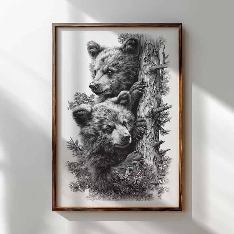 Two Bear Cubs Engraving PNG | Rustic Woodland Wildlife Art | Baby Bears ...