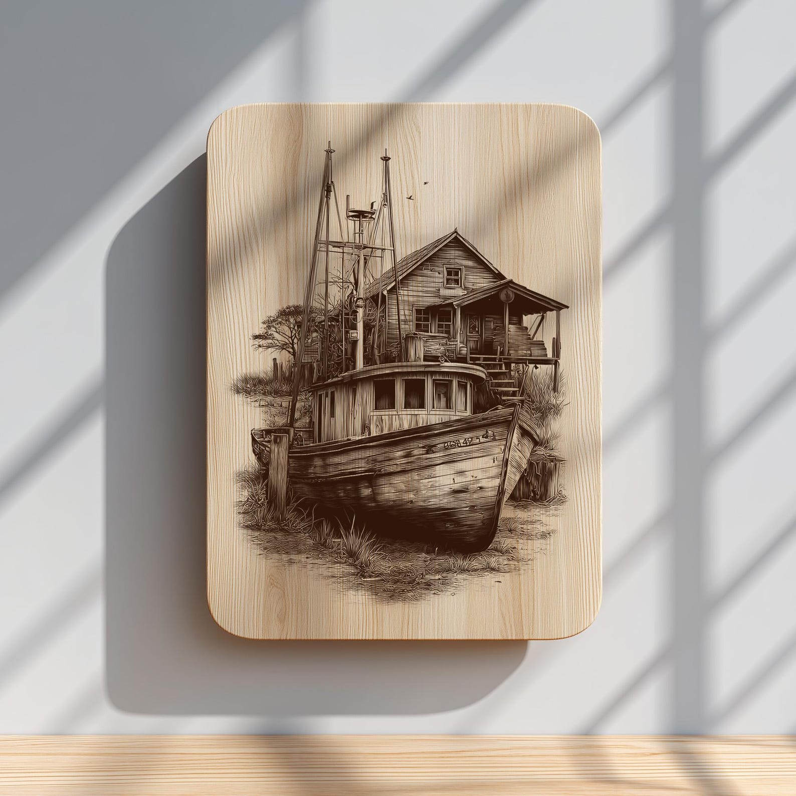 Fishing Boat Engraving PNG | Rustic Coastal Cabin Scene | Vintage ...
