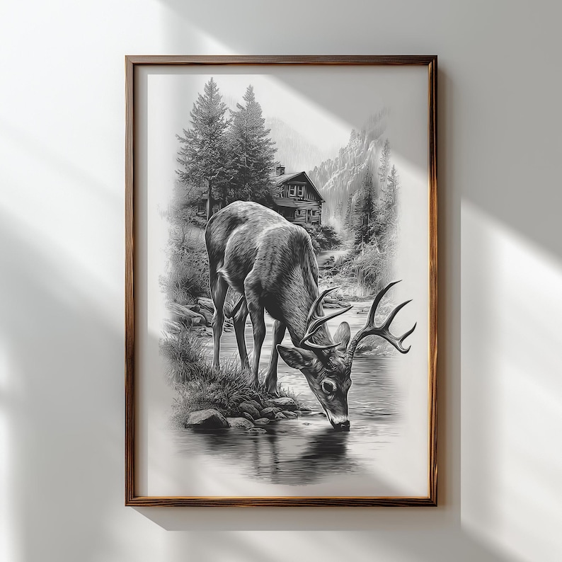 Deer Drinking River PNG – Rustic Cabin Scene Laser Engraving File for ...