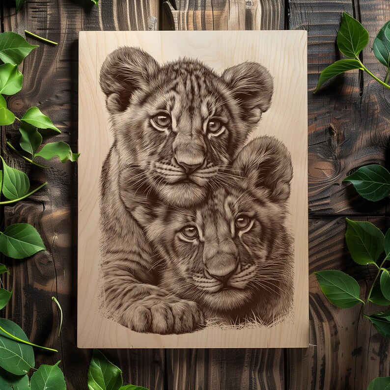 Lion Cubs PNG | Rustic Wildlife Engraving Digital File | Baby Lions ...