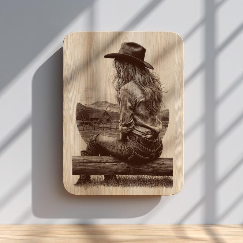Cowgirl Looking at Ranch PNG | Western Solitude Engraving File | Rustic ...
