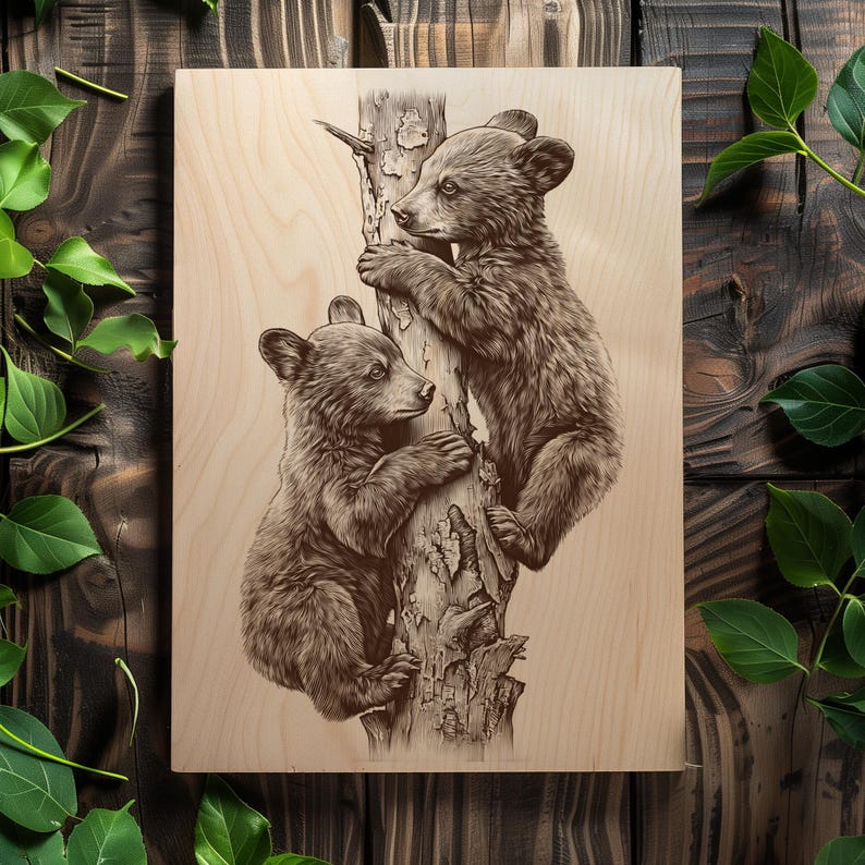 Bear Cubs Engraving PNG | Woodland Wildlife Wood Art | Rustic Laser ...