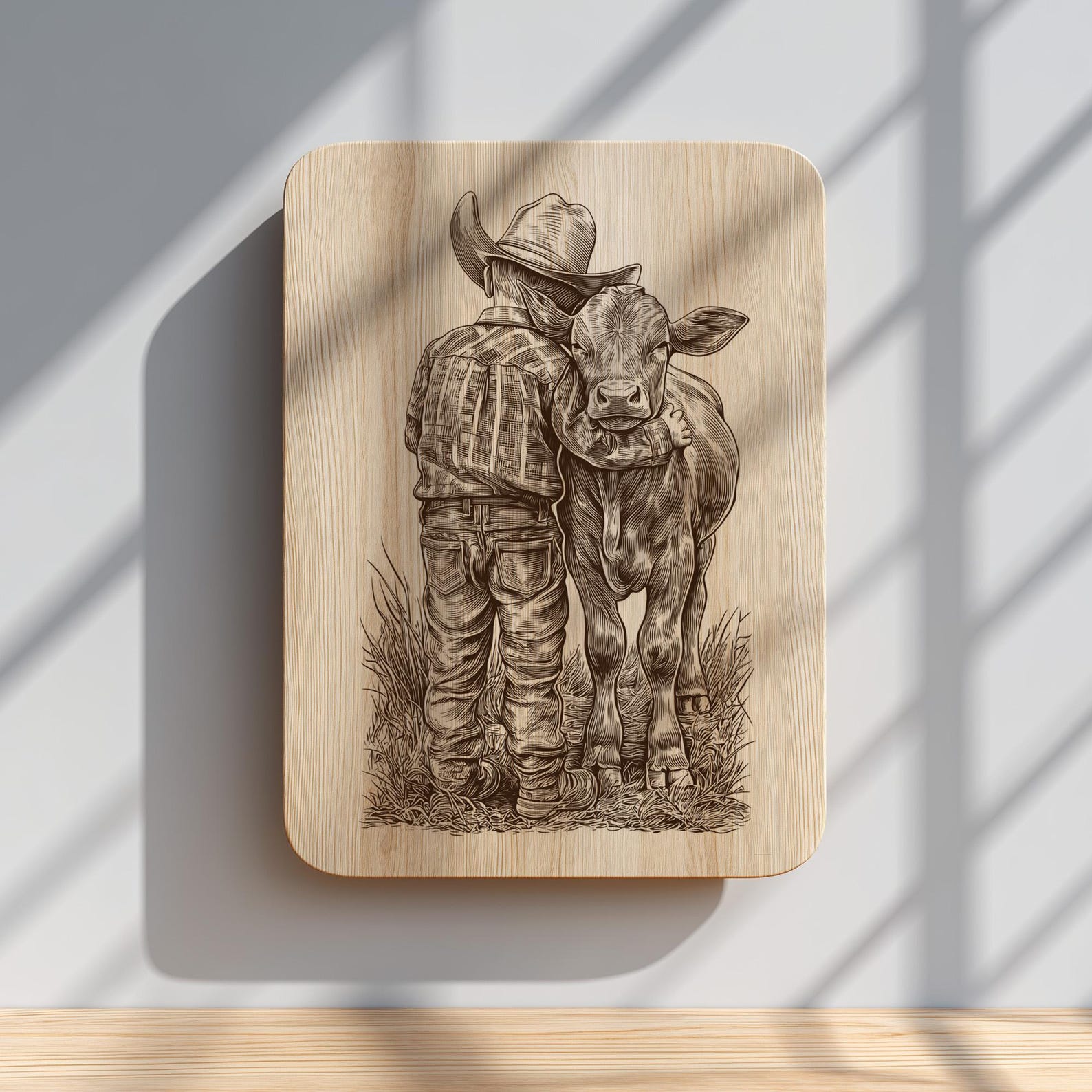 Farm Boy Hugging Calf Wall Art | Western Cowboy Engraving PNG | Country ...