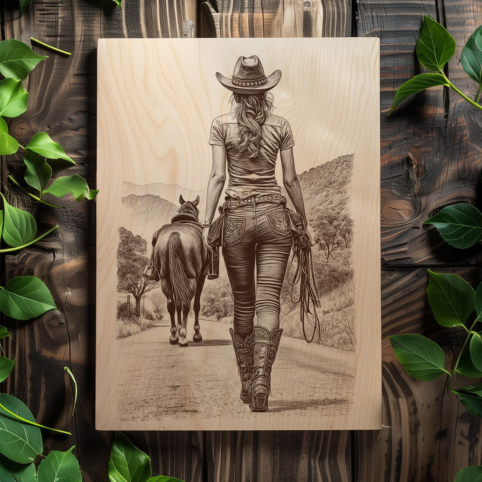 Cowgirl & Horse Engraving PNG | Western Ranch Wall Art | Rustic Country ...