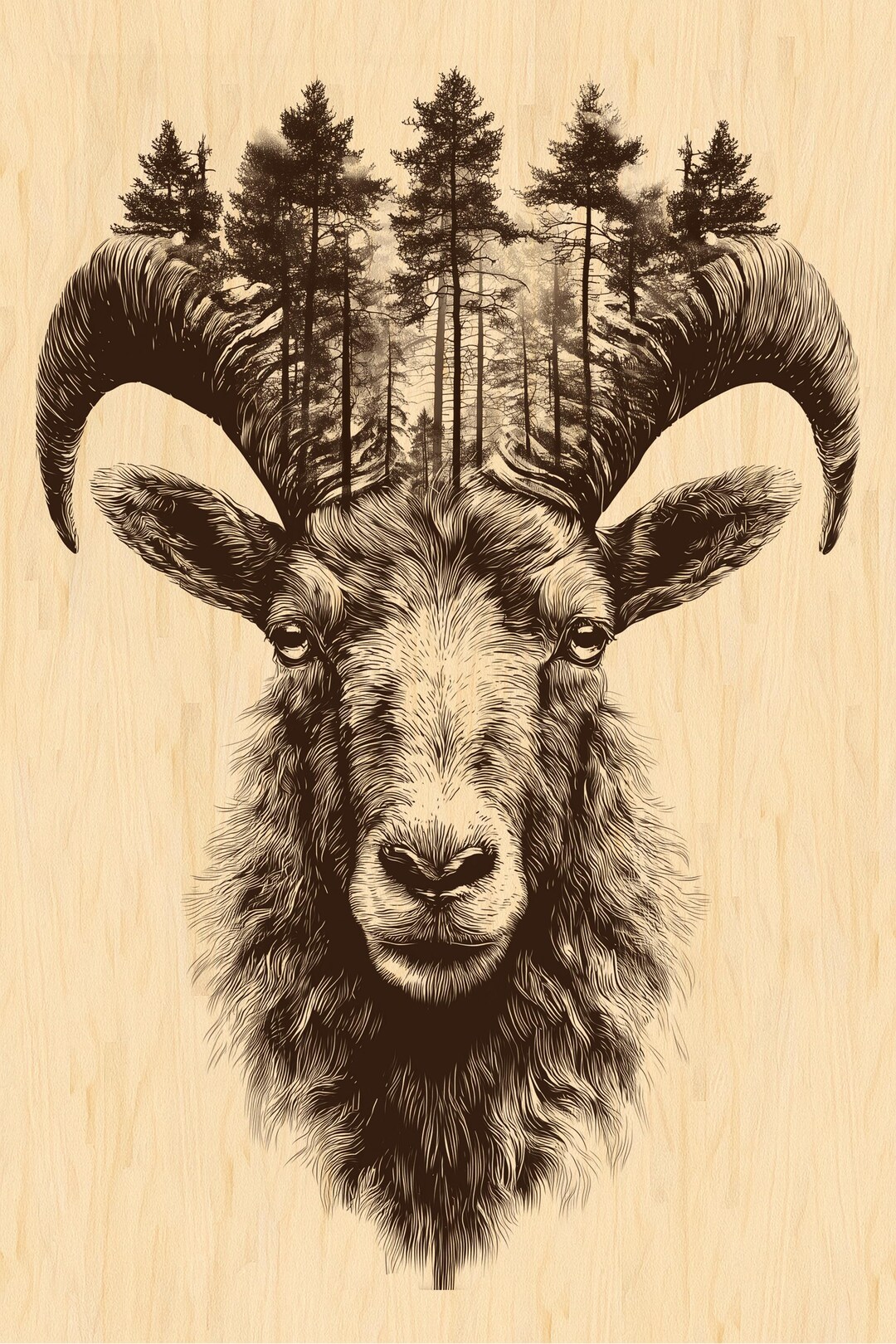 Mountain Ram Engraving PNG | Double Exposure Forest Ram Laser Engraving ...