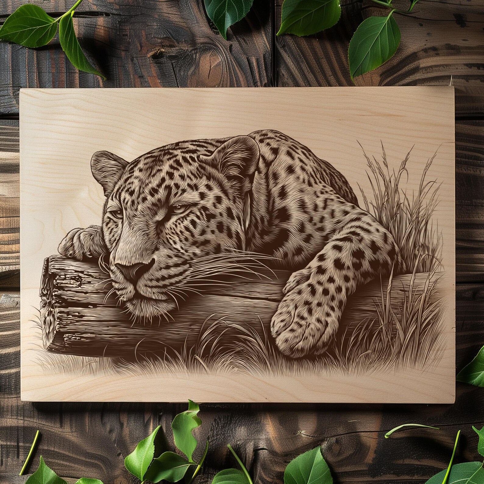 Resting Leopard Engraving PNG | Wildlife Wood Art | Jungle Predator ...