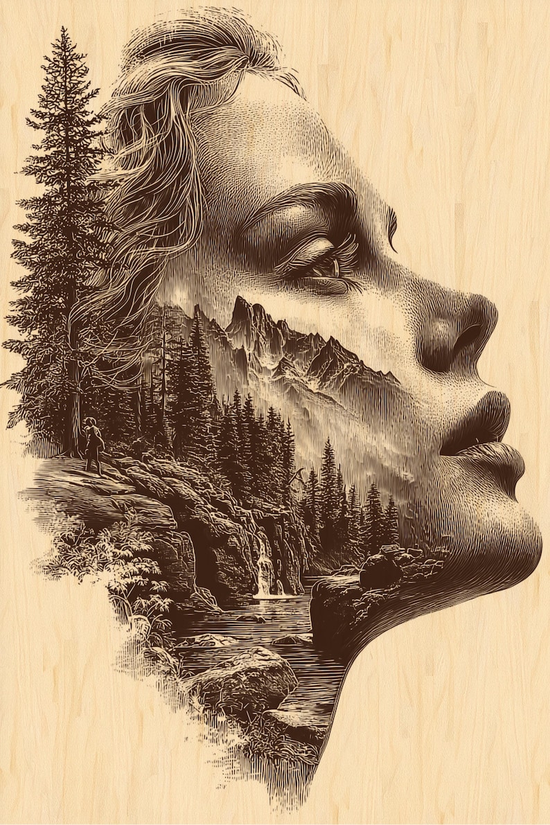 Woman Face Double Exposure Wood Engraving PNG | Vintage Nature Portrait ...