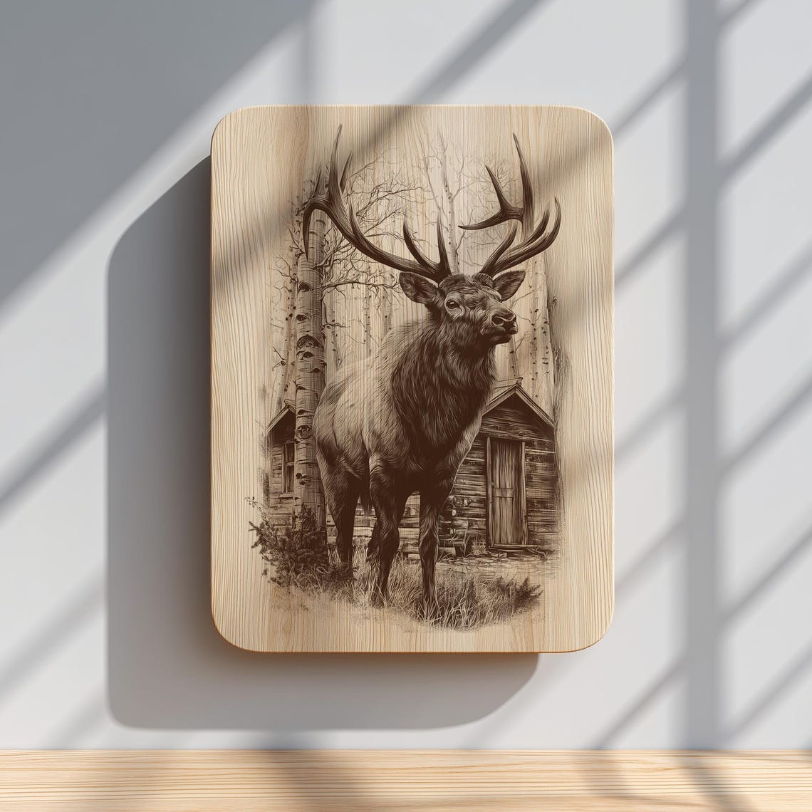 Elk Engraving PNG | Rustic Cabin With Forest Elk Artwork | Wilderness ...