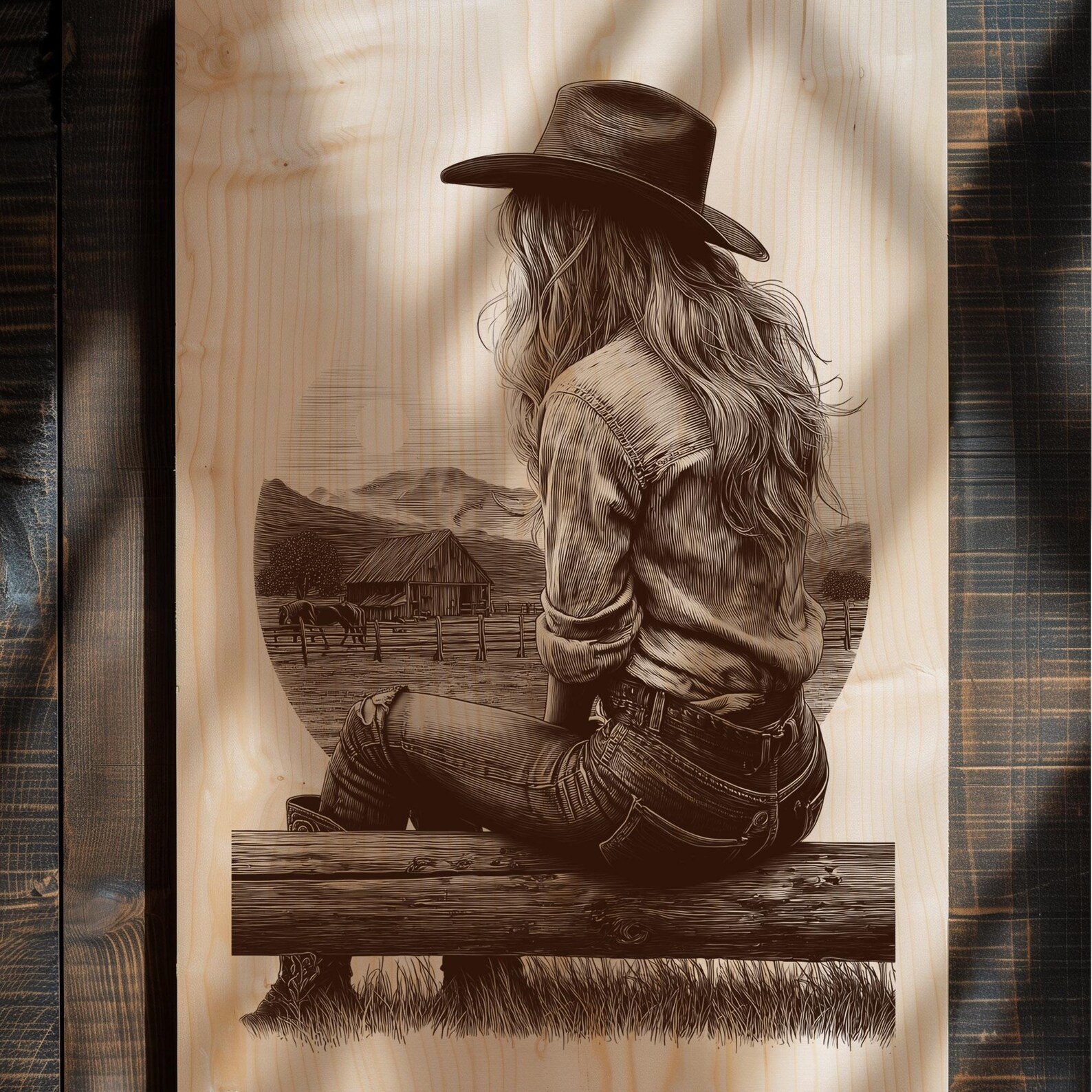 Cowgirl Looking at Ranch PNG | Western Solitude Engraving File | Rustic ...