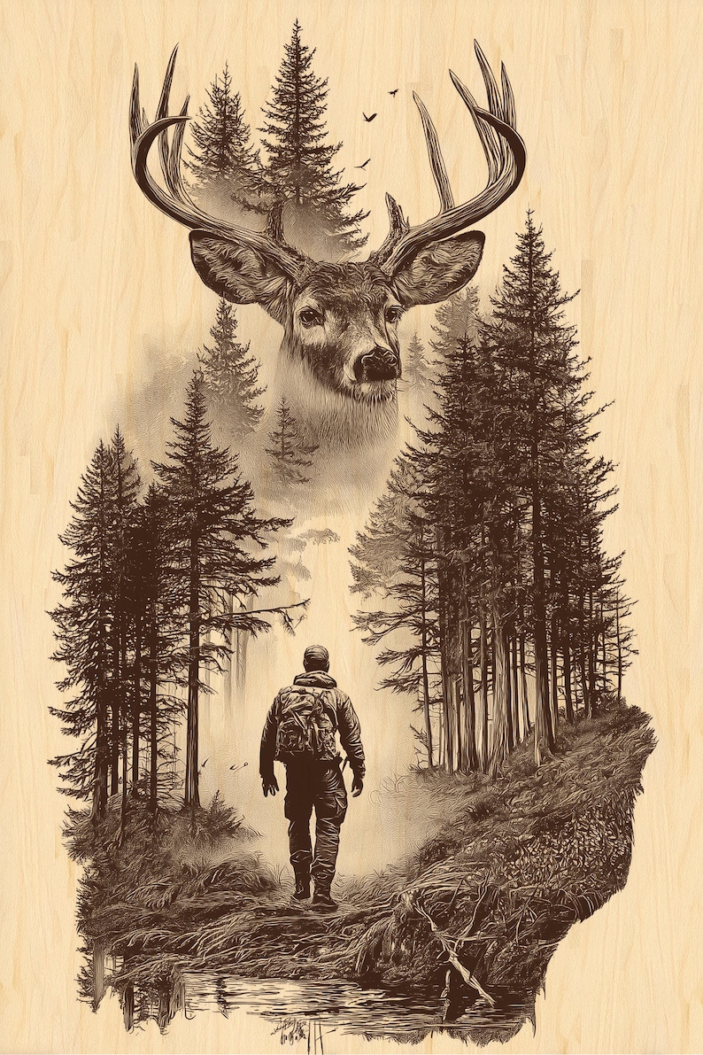 Hunter Journey Wood Engraving PNG | Hunter and Stag Double Exposure ...