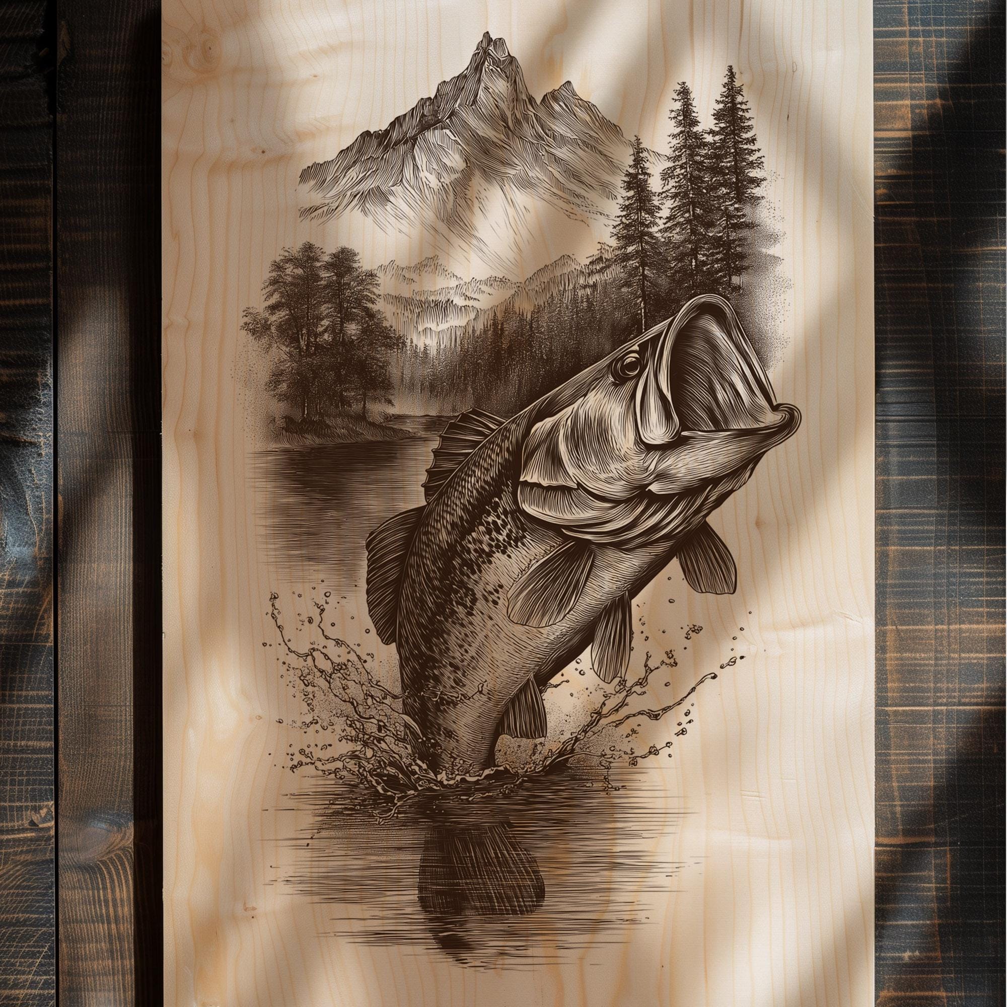 Jumping Bass Fish Engraving PNG | Largemouth Wildlife Lake Scene ...