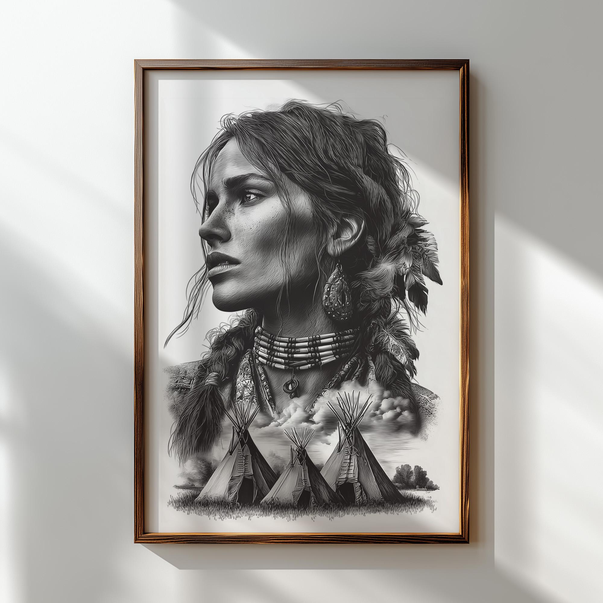 Native American Woman Engraving PNG | Rustic Tribal Teepee Artwork ...