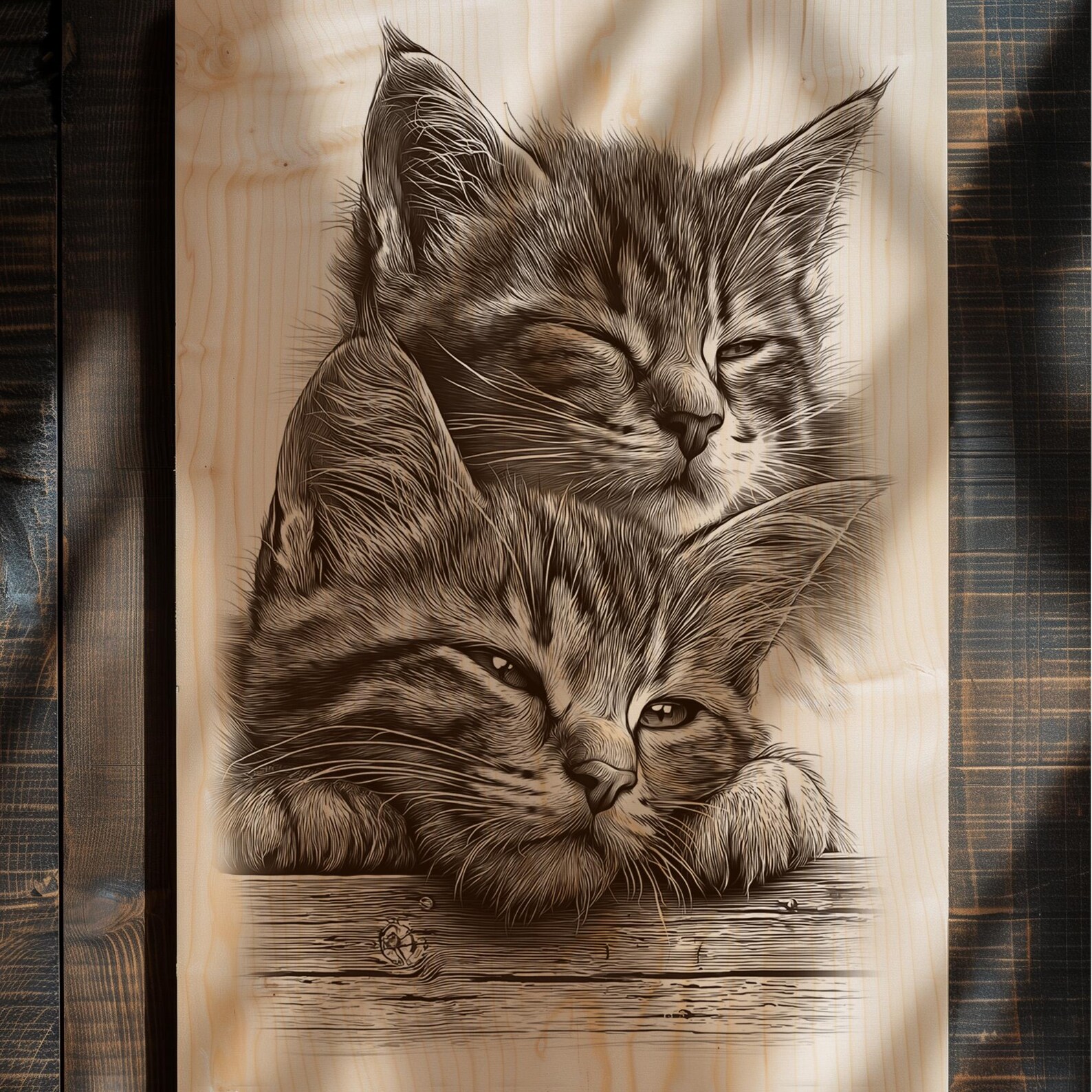 Sleeping Kittens Engraving PNG | Cozy Cat Pair Laser Engraving File ...