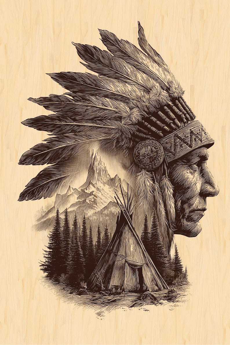 Native Tribal Chief Engraving PNG | Tribal Chief With Tipi | Spiritual ...