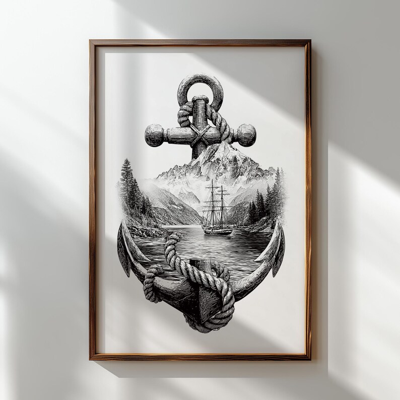 Nautical Anchor Wood Engraving PNG | Mountain & Sailboat Rustic Line ...