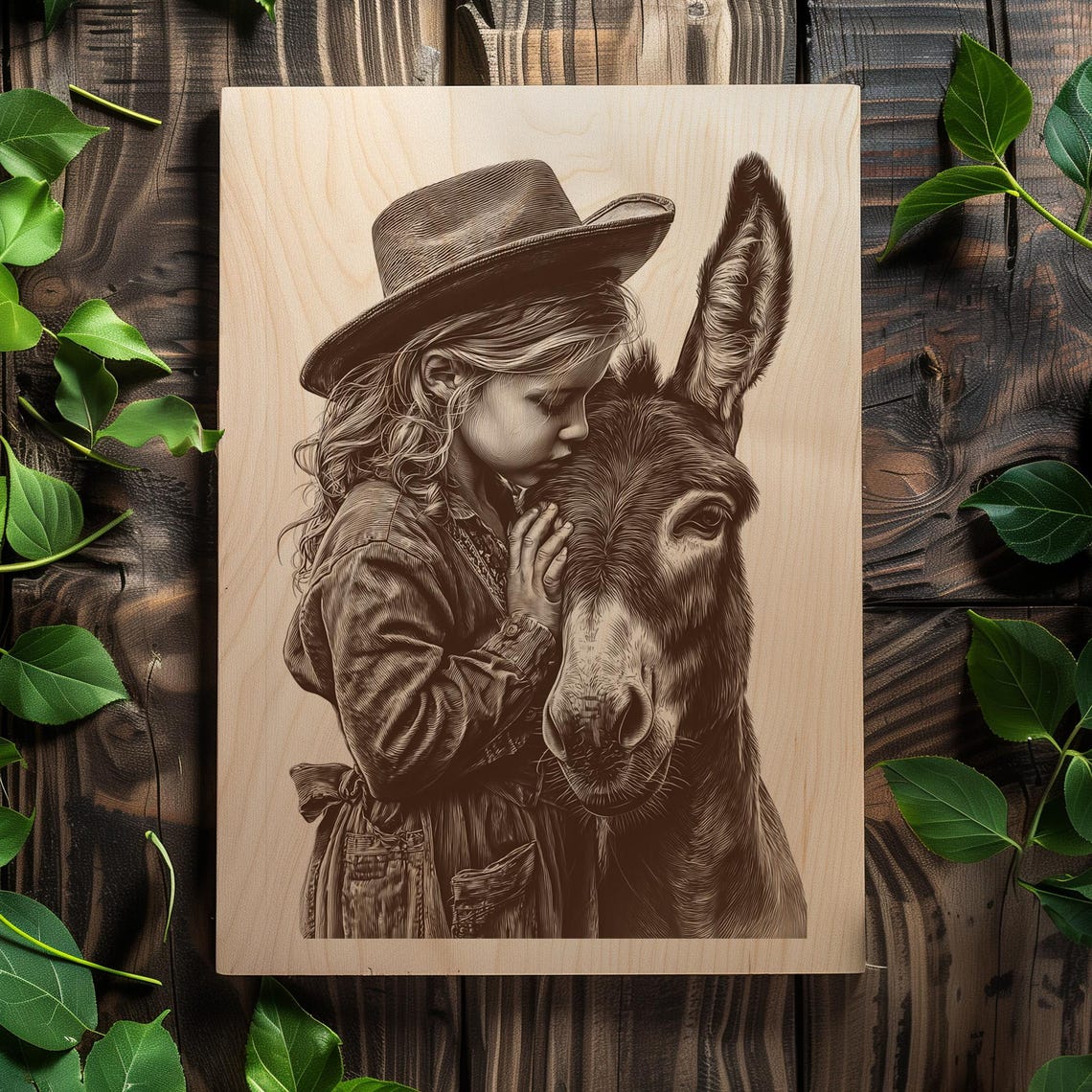 Rustic Girl and Donkey Engraving PNG | Western Farmhouse Wall Art ...