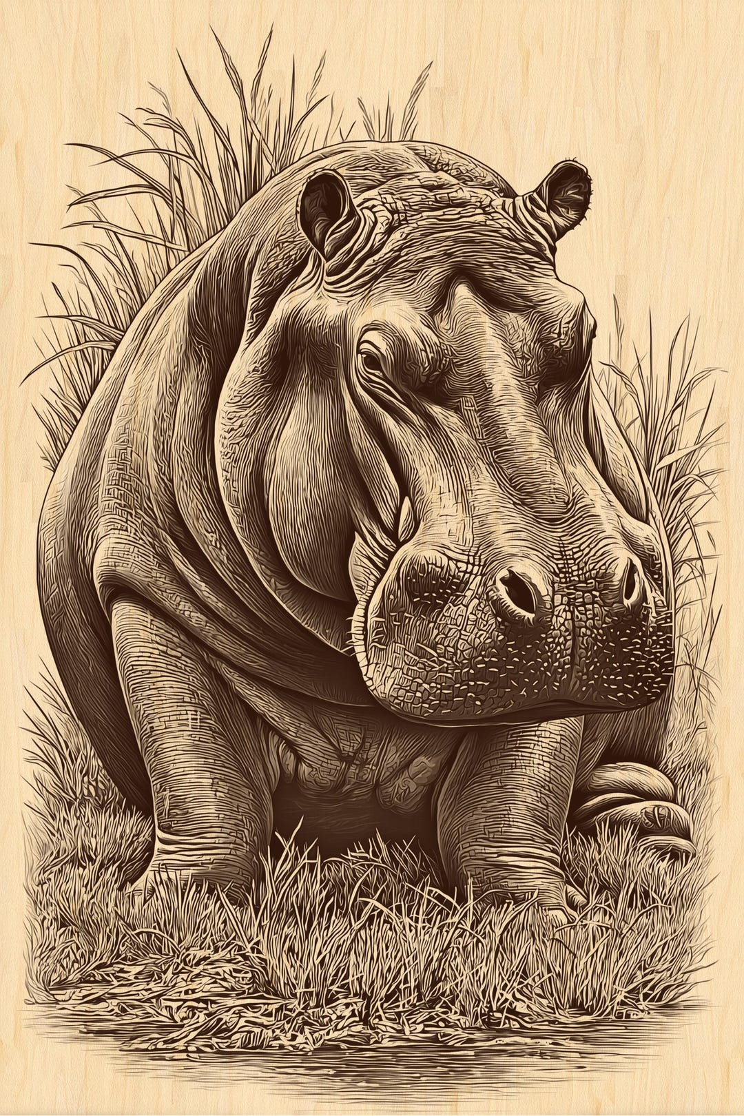 Hippo Wildlife Engraving PNG | High-detail Safari Wood Art | Rustic ...