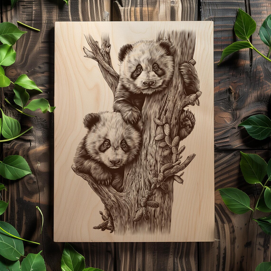Baby Panda Engraving PNG | Cute Animal Wood Art | Adorable Bear Cubs in ...