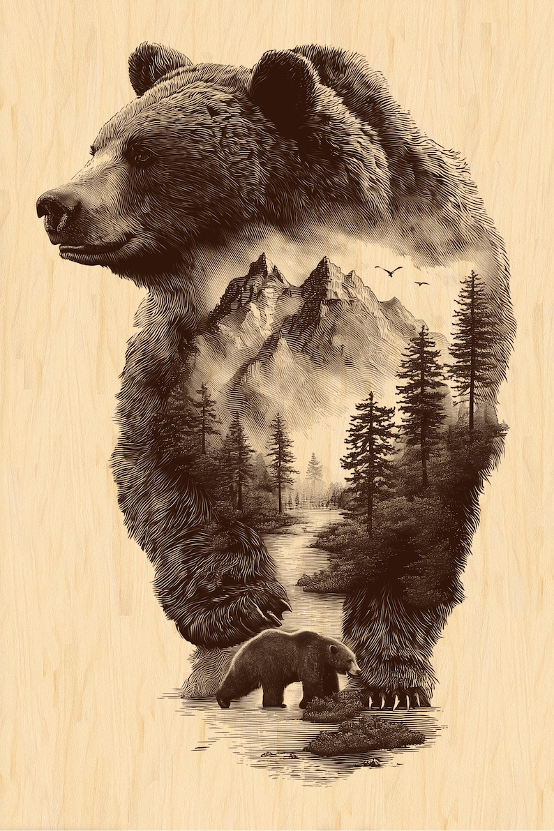 Grizzly Bear Double Exposure Engraving PNG | Mountain & Cub Wilderness ...