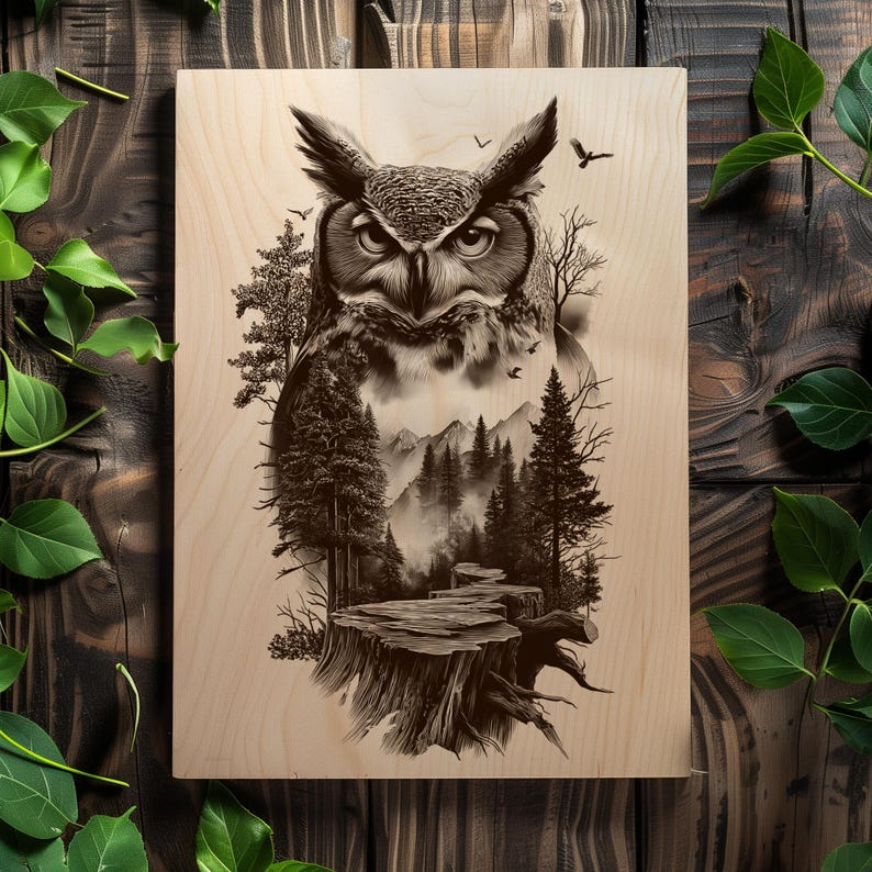 Owl Forest Engraving PNG | Double Exposure Owl Laser Engraving File ...