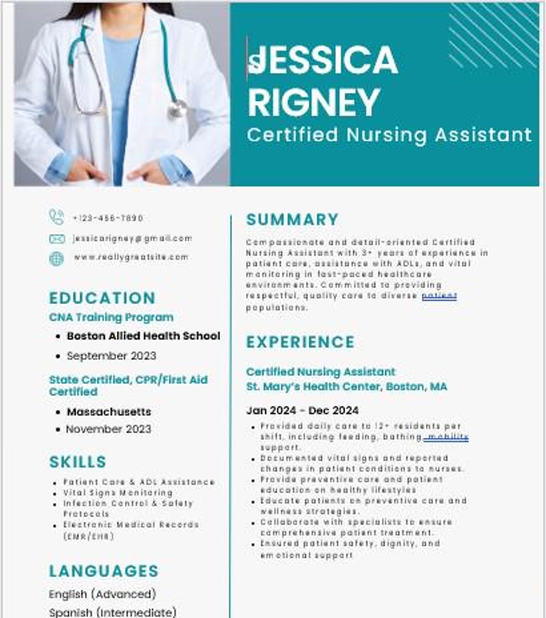 Healthcare Resume & Cover Letter Template | CNA, HHA, Medical Assistant ...