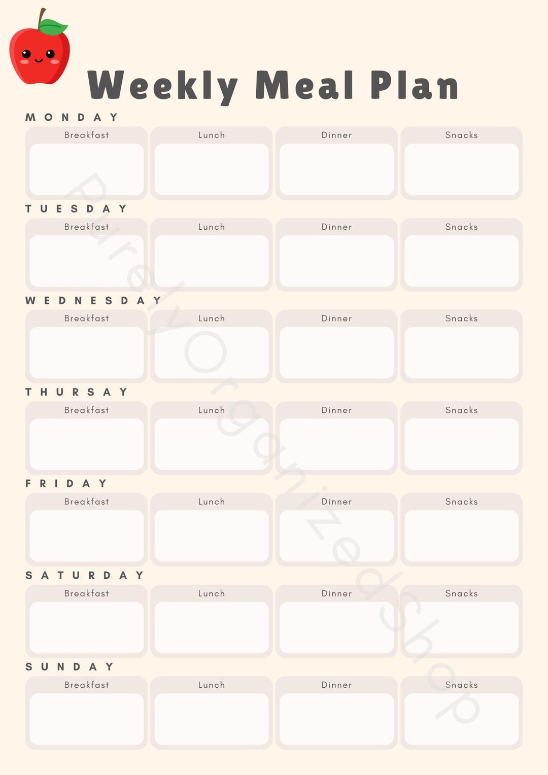Printable Weekly Meal Planner | Digital Meal Tracker | Cute Food ...