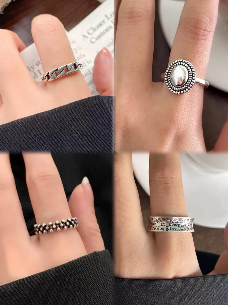 Vintage Punk Adjustable Rings Set, Grunge Y2K Stackable Silver Rings ...